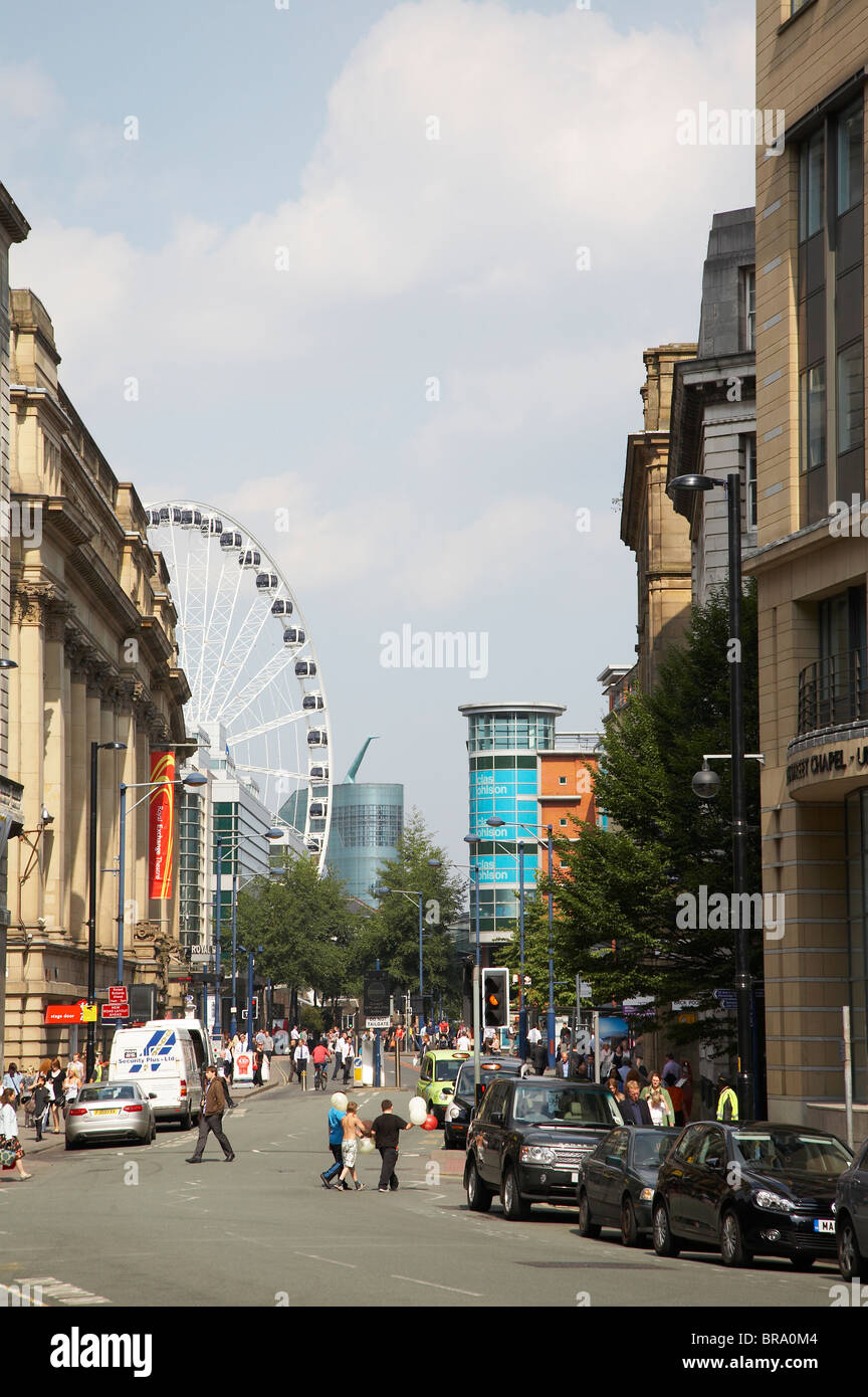 View into Cross Street with wheel and Urbis museum in Manchester UK ...