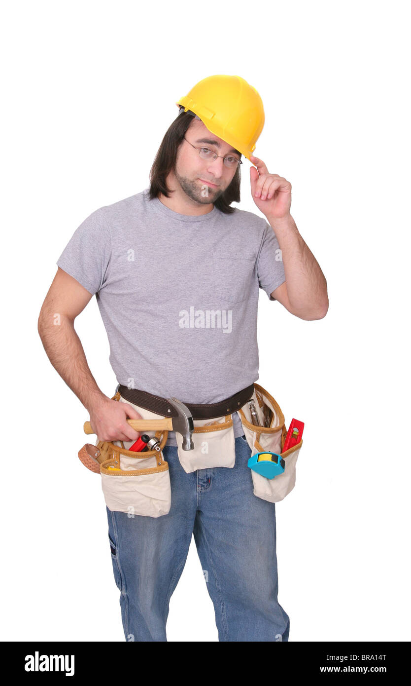 one young twenties construction worker man over white Stock Photo - Alamy