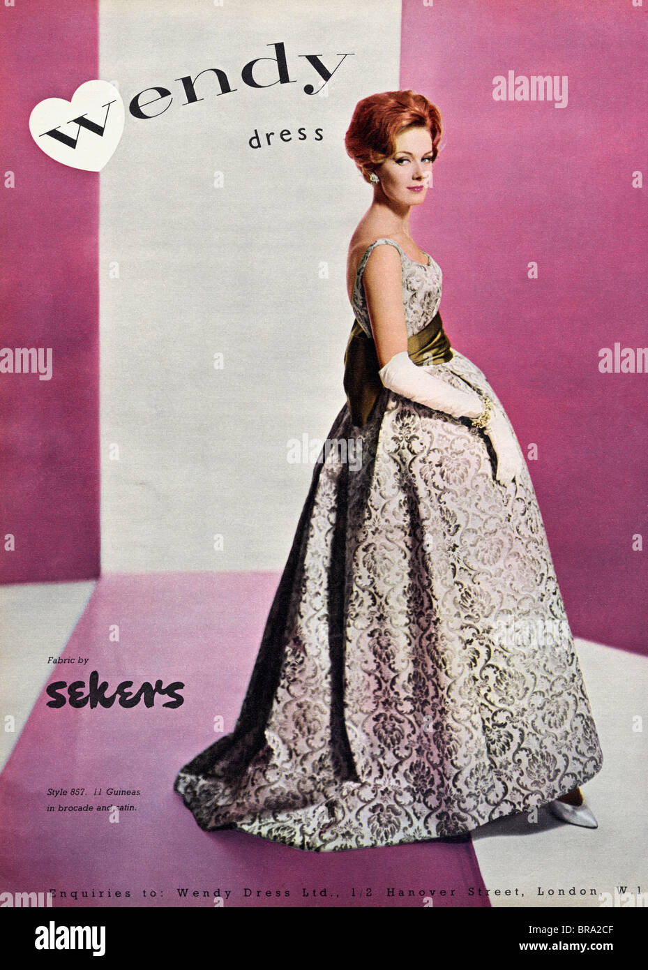 Fashion advert for brocade and satin Wendy Dress in magazine circa 1959 ...