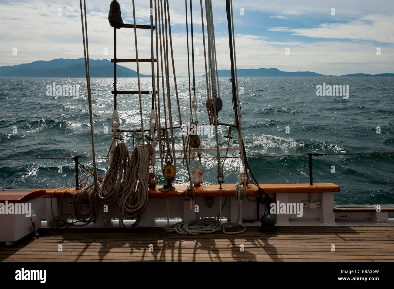 Rigging aboard the historic tall ship "Zodiac" sailing in the San Juan ...