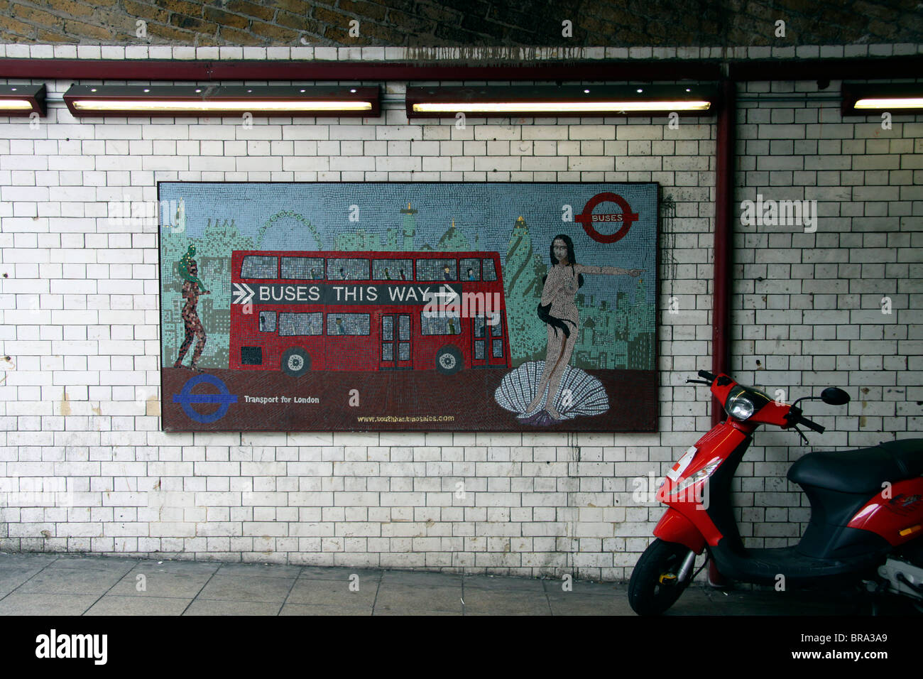 London Transport mural directing travelers to Waterloo Station in ...