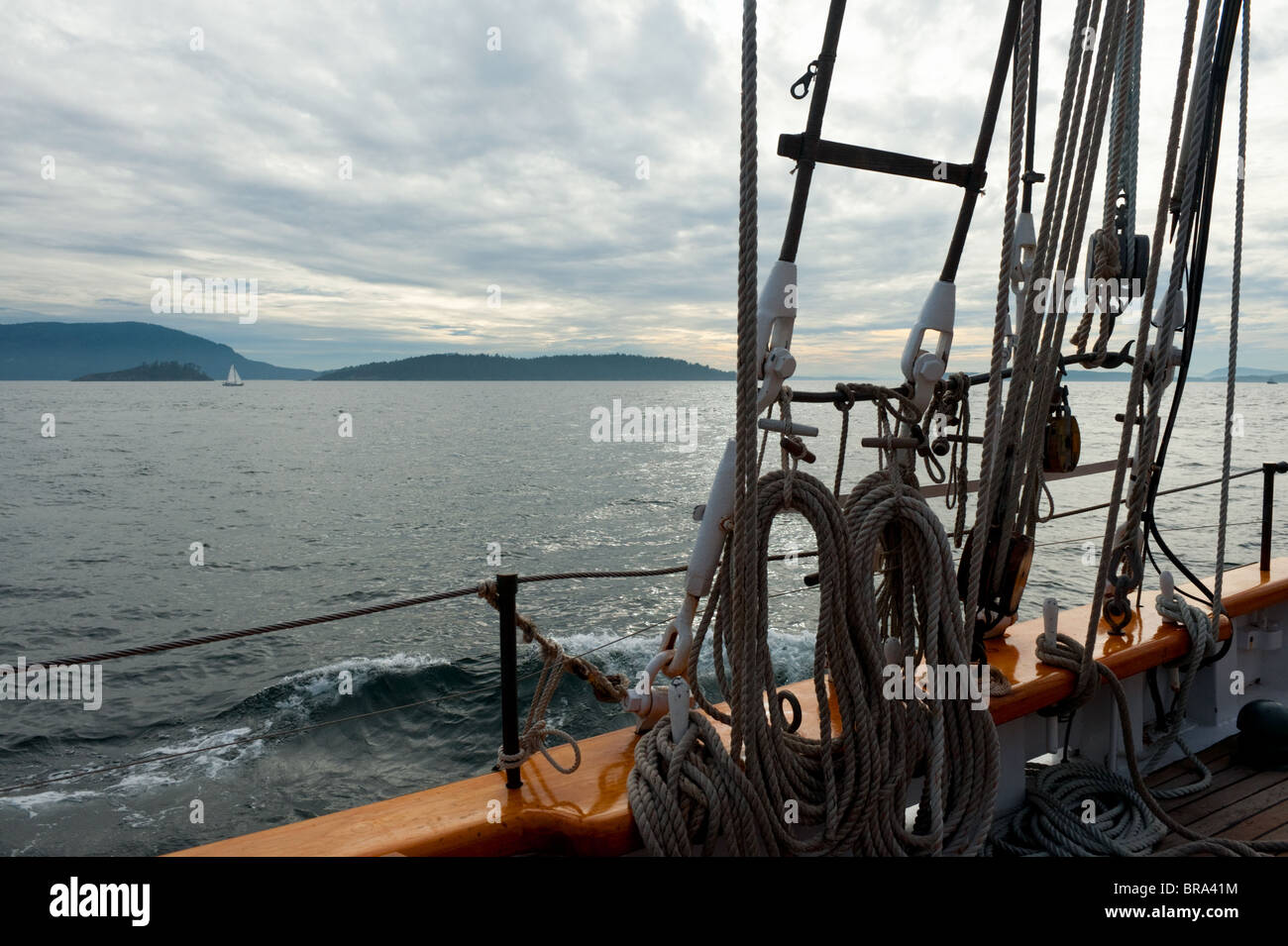 Rigging aboard the historic tall ship "Zodiac" sailing in the San Juan ...