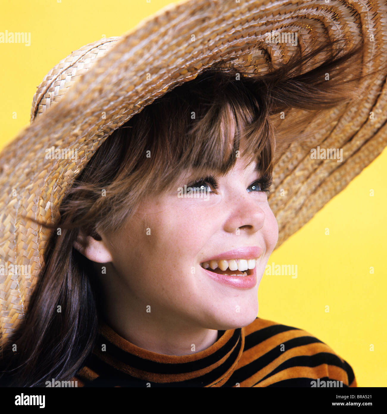 1960s PORTRAIT YOUNG BRUNETTE WOMAN TEEN HEAD SHOULDERS WEARING STRAW ...