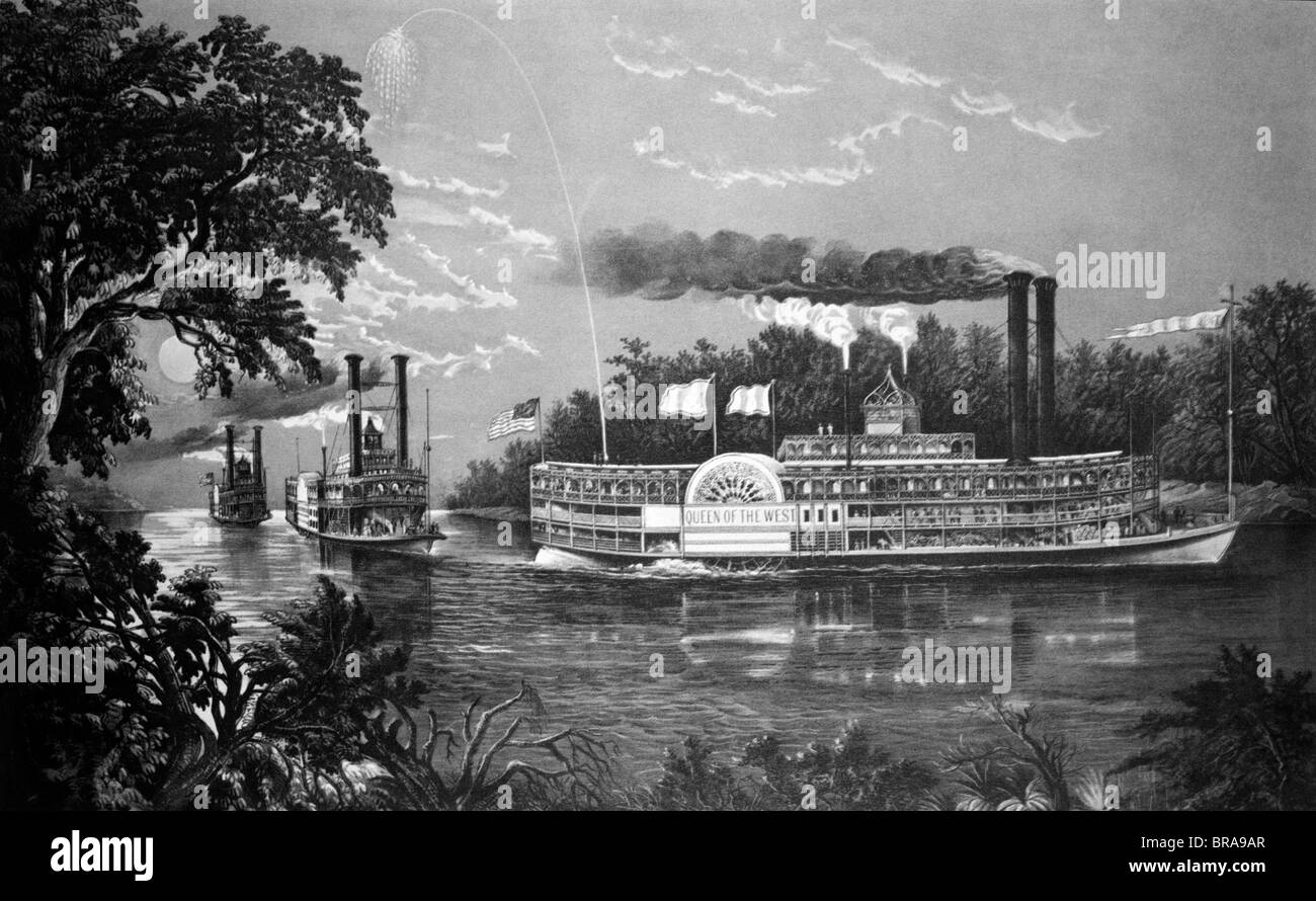 1800s 1860s STEAMBOATS ROUNDING A BEND ON MISSISSIPPI RIVER PARTING ...