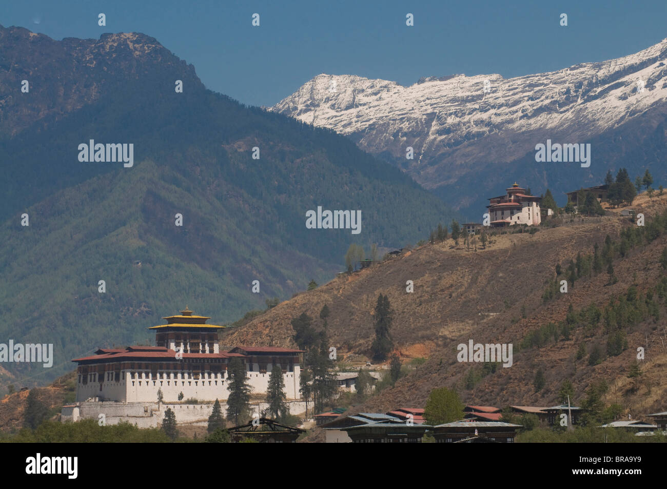 The Paro Tsong, old castle, with the Himalaya mountains in the ...