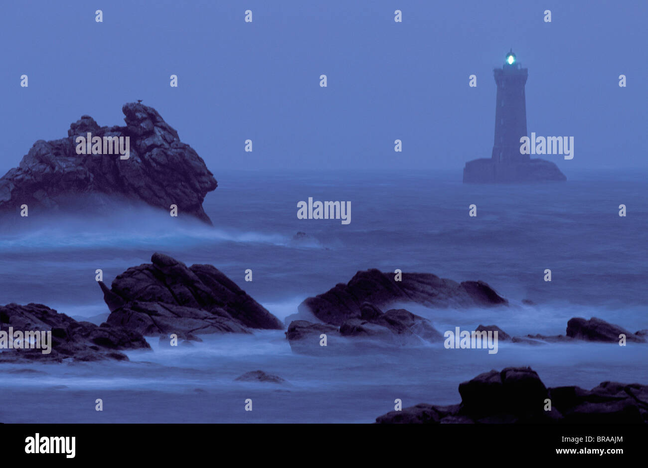 Four lighthouse at night in stormy weather, Brittany, France Stock ...