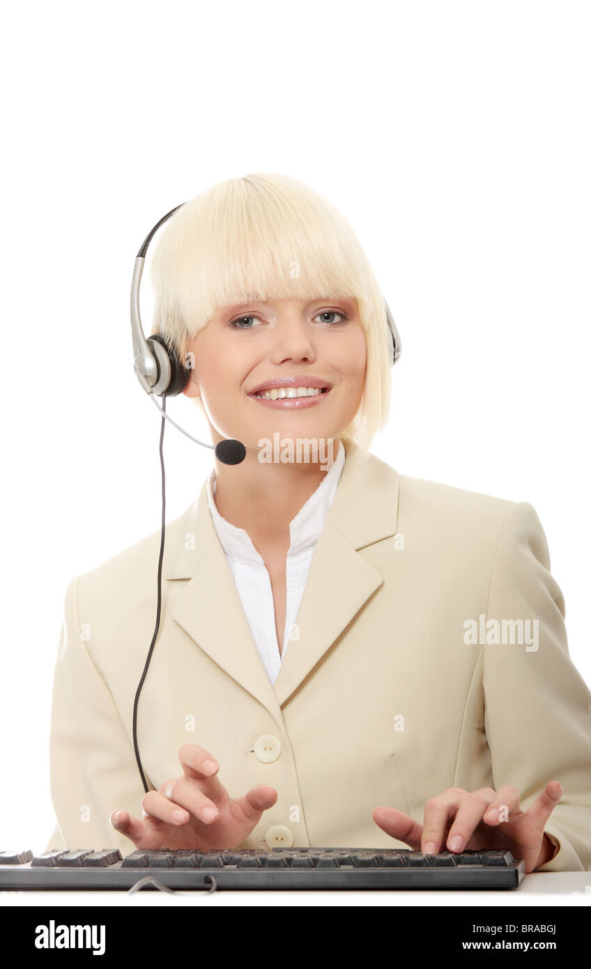 Call center woman with headset. Beautiful smiling caucasian woman ...
