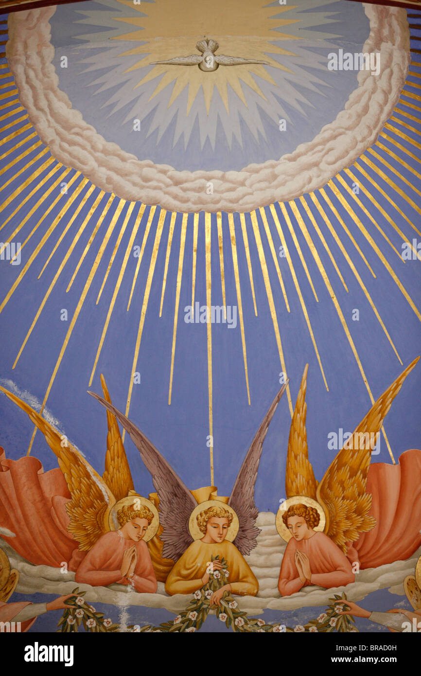 Detail of angels in a fresco in the Visitation Church in Ein Kerem ...