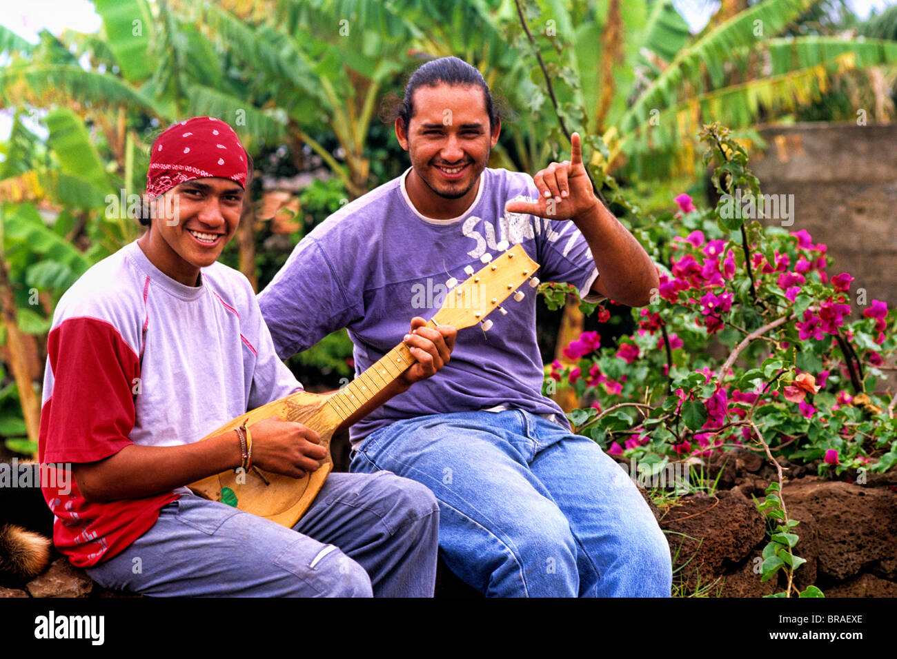 Local native men playing music Easter Island during Tapati Festival ...