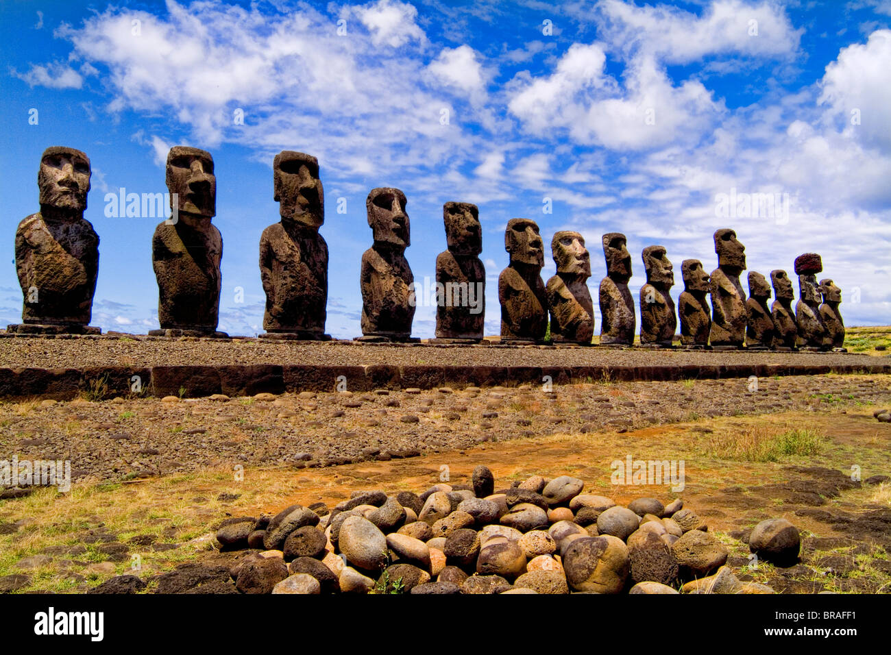 Moai Statues at Ahu Nau Nau Platform in Easter Island during Tapati ...