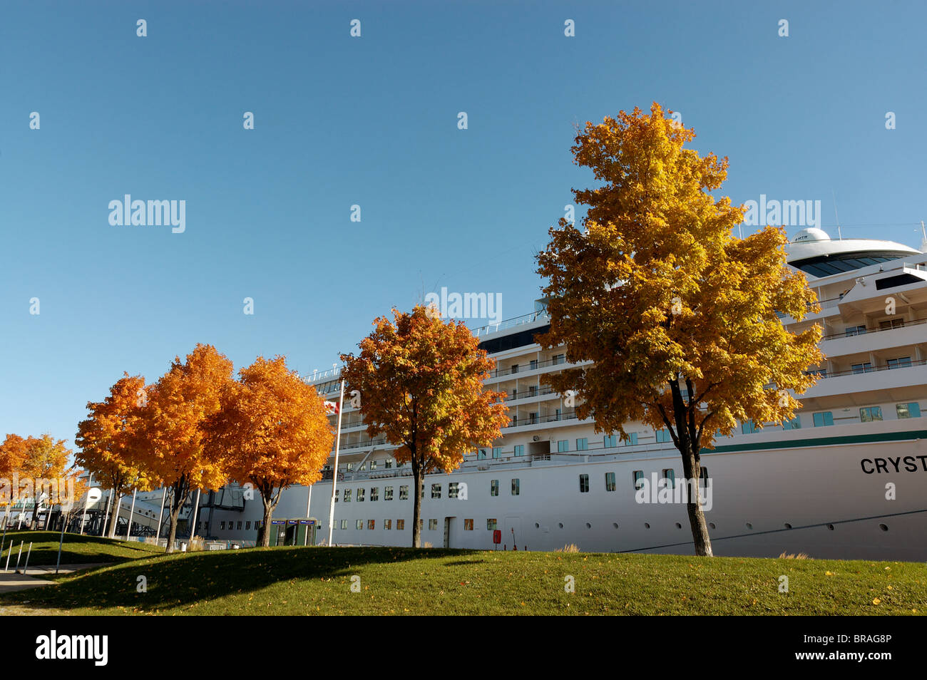 A cruise ship in Quebec City port with autumn maples Stock Photo - Alamy