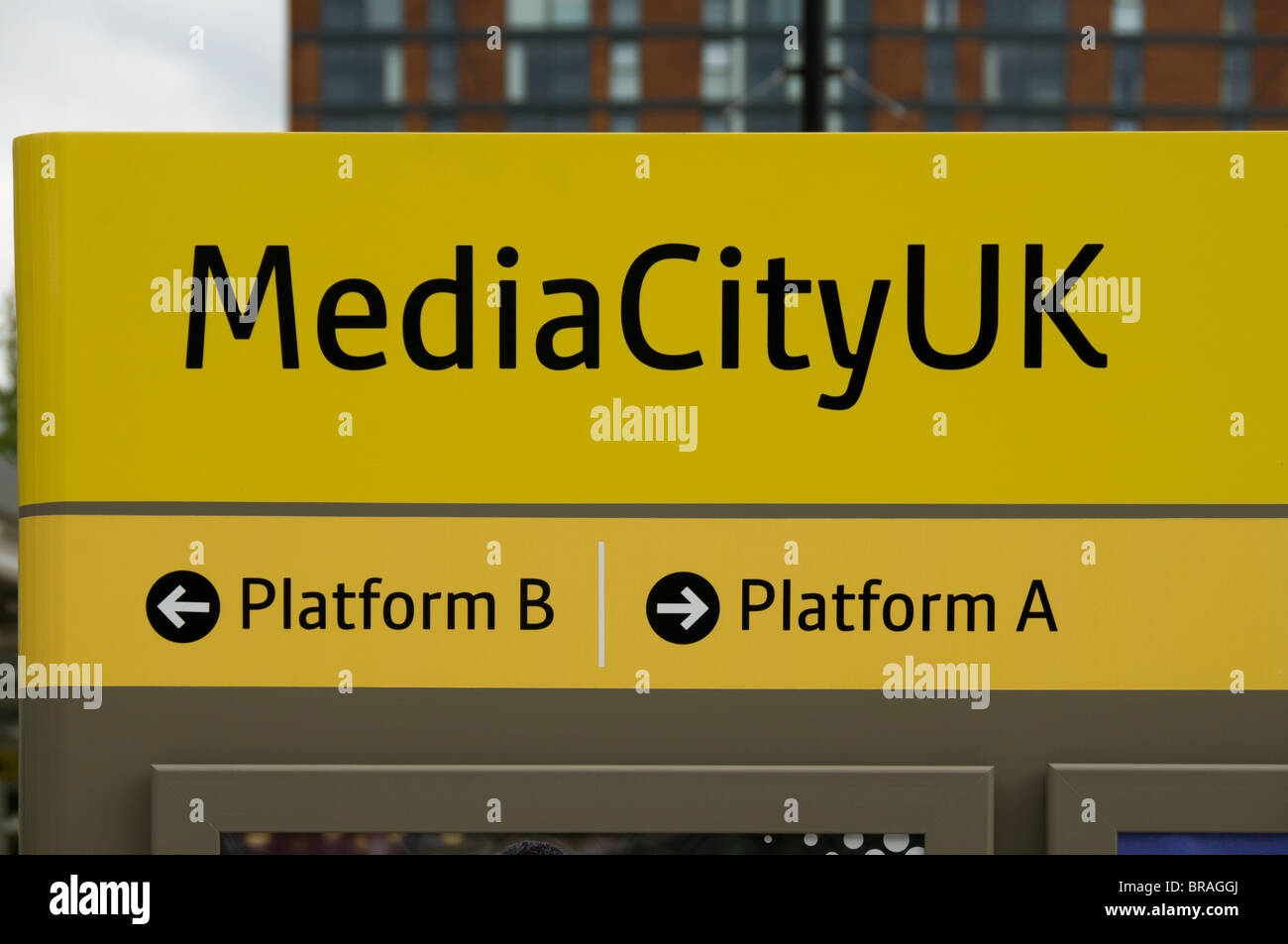 Sign at Metrolink tram station at MediaCityUK, Salford Quays ...