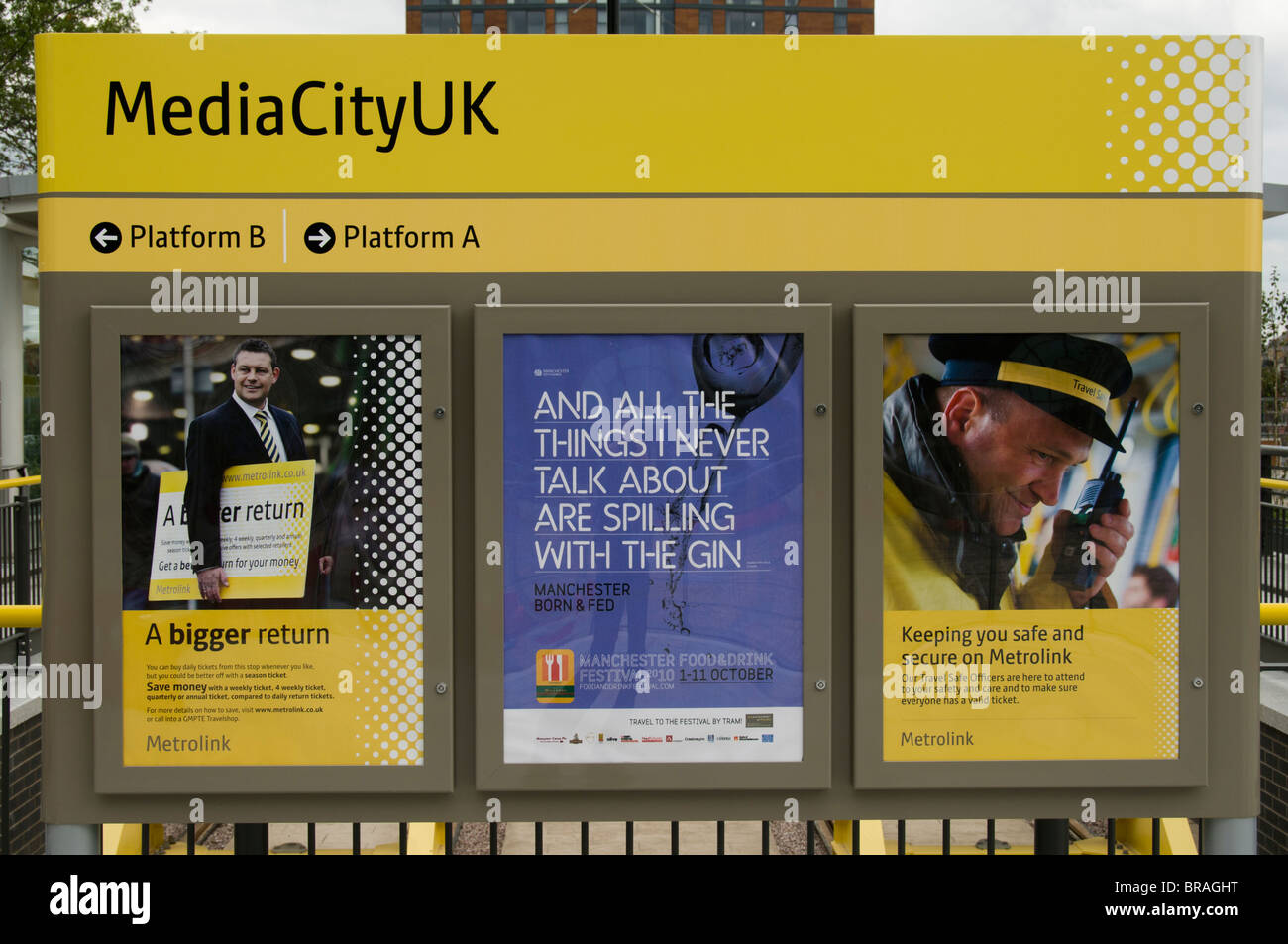 Sign at Metrolink tram station at MediaCityUK, Salford Quays ...
