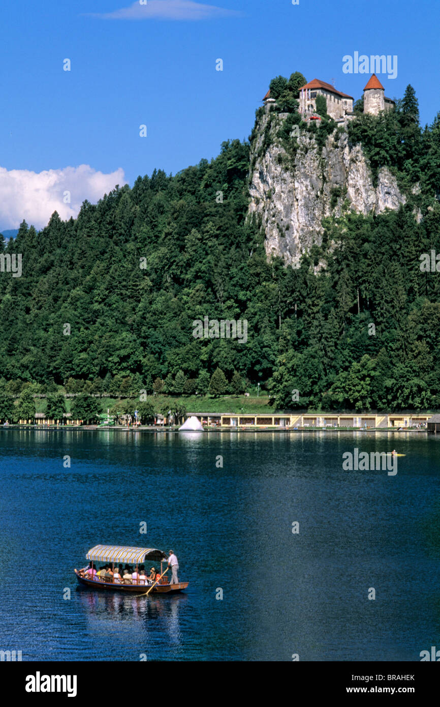 Slovenia Lake Bled Famous Castle and Small boat in resort town of Bled ...
