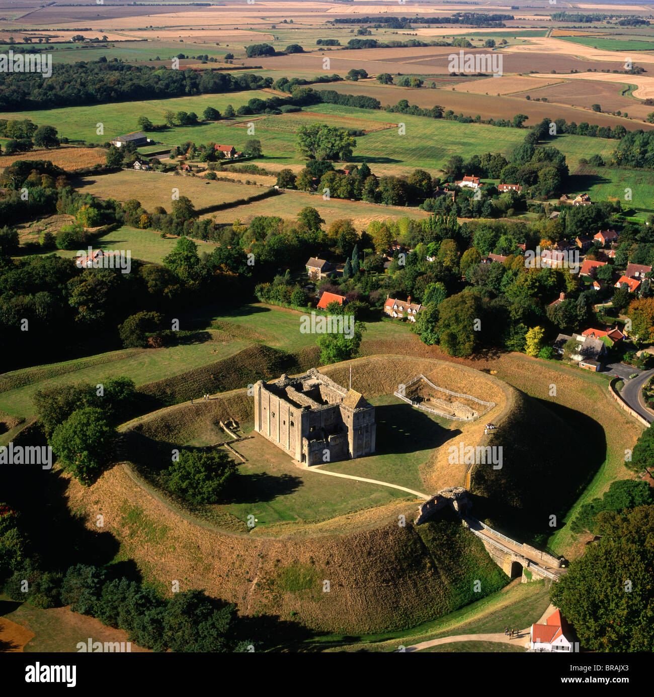 Aerial view of Castle Rising, a medieval castle, Norfolk, England ...