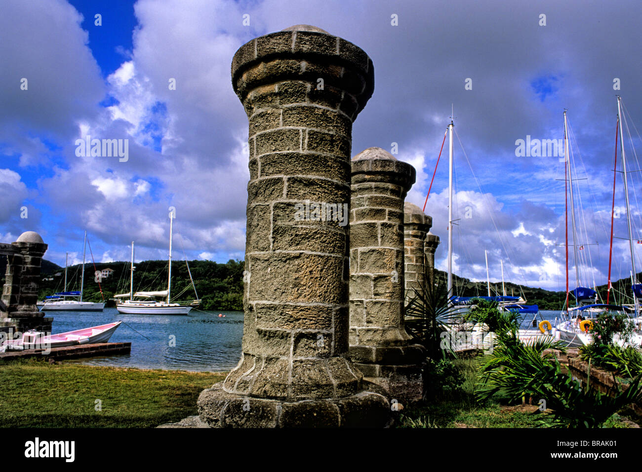 Beautiful port with ships at resort in famous colorful Nelsons Dockyard ...