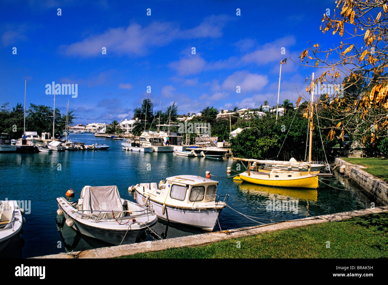 Bermuda Colorful Crow Lane Park with boats in water at harbour in ...