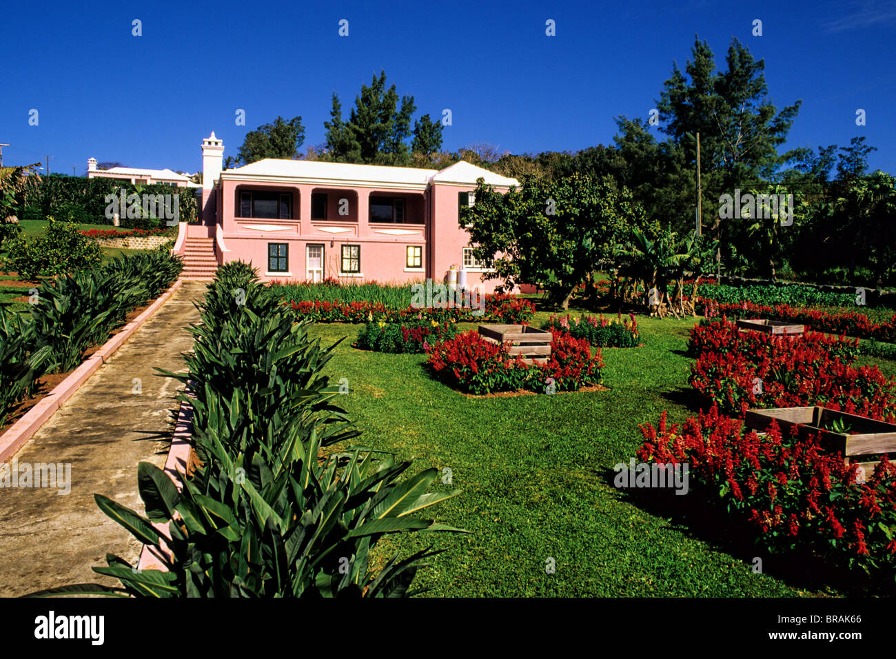 Graphic angle of the famous colorful pastel architecture and yard ...