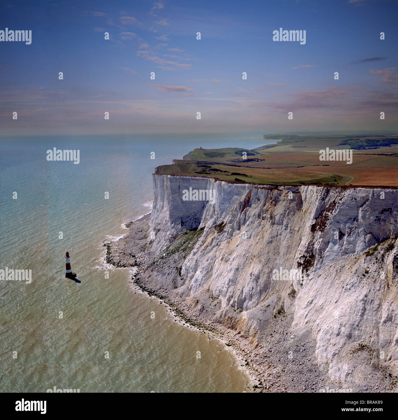 Aerial image of chalk cliffs and lighthouse, Beachy Head, near ...