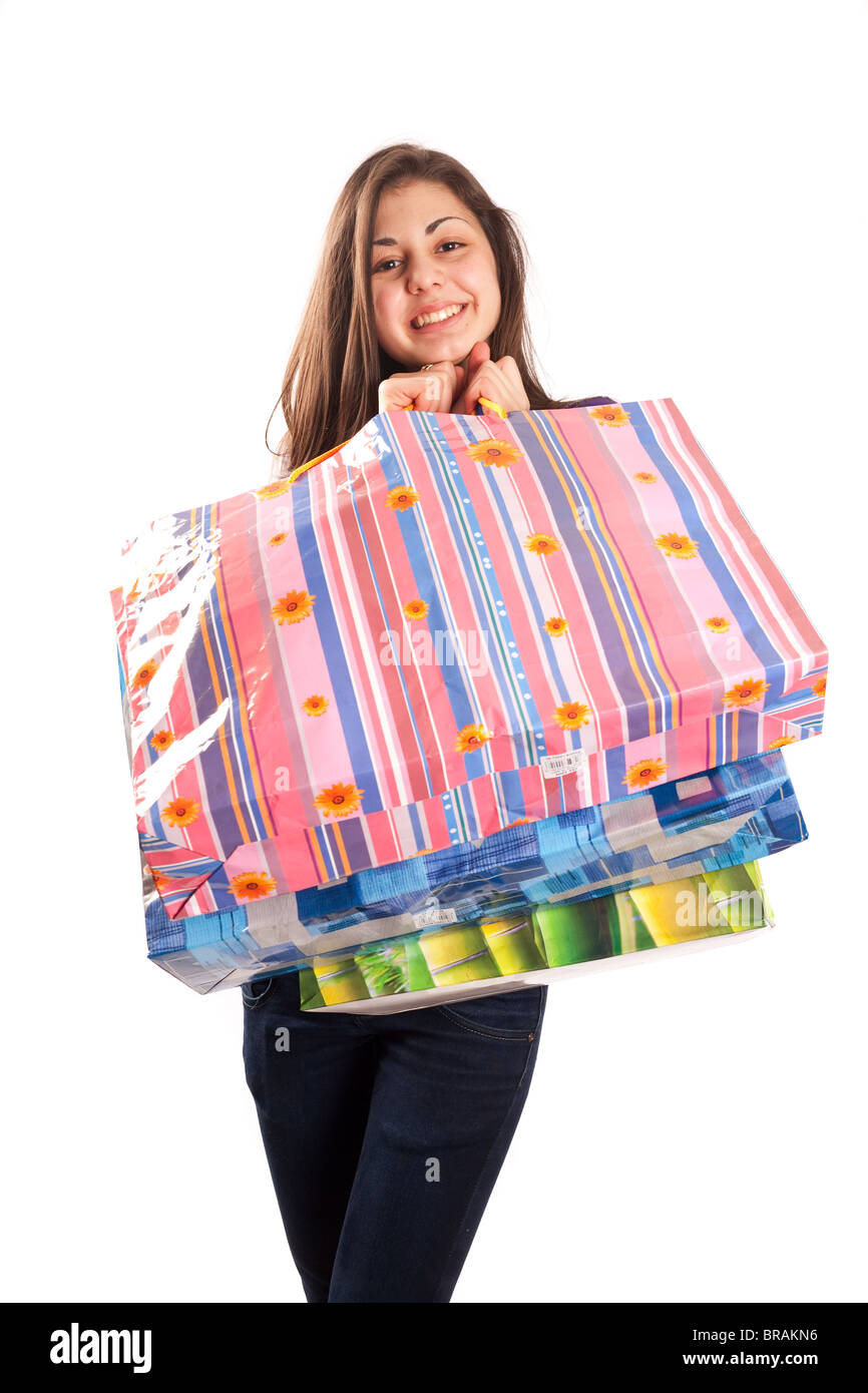 Attractive young lady with bags isolated on white background Stock ...