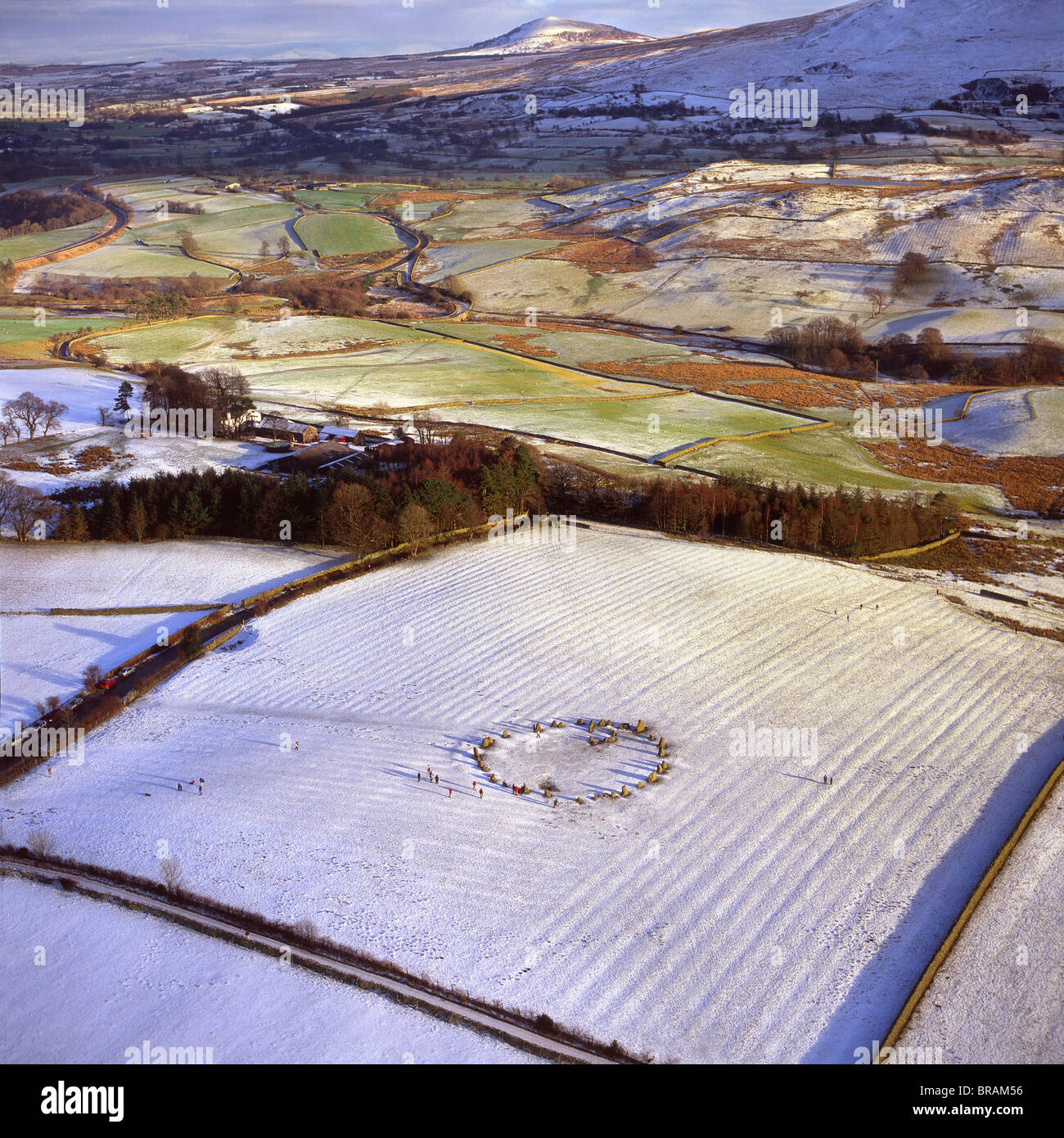 Aerial image of Castlerigg Stone Circle, a prehistoric monument in snow ...