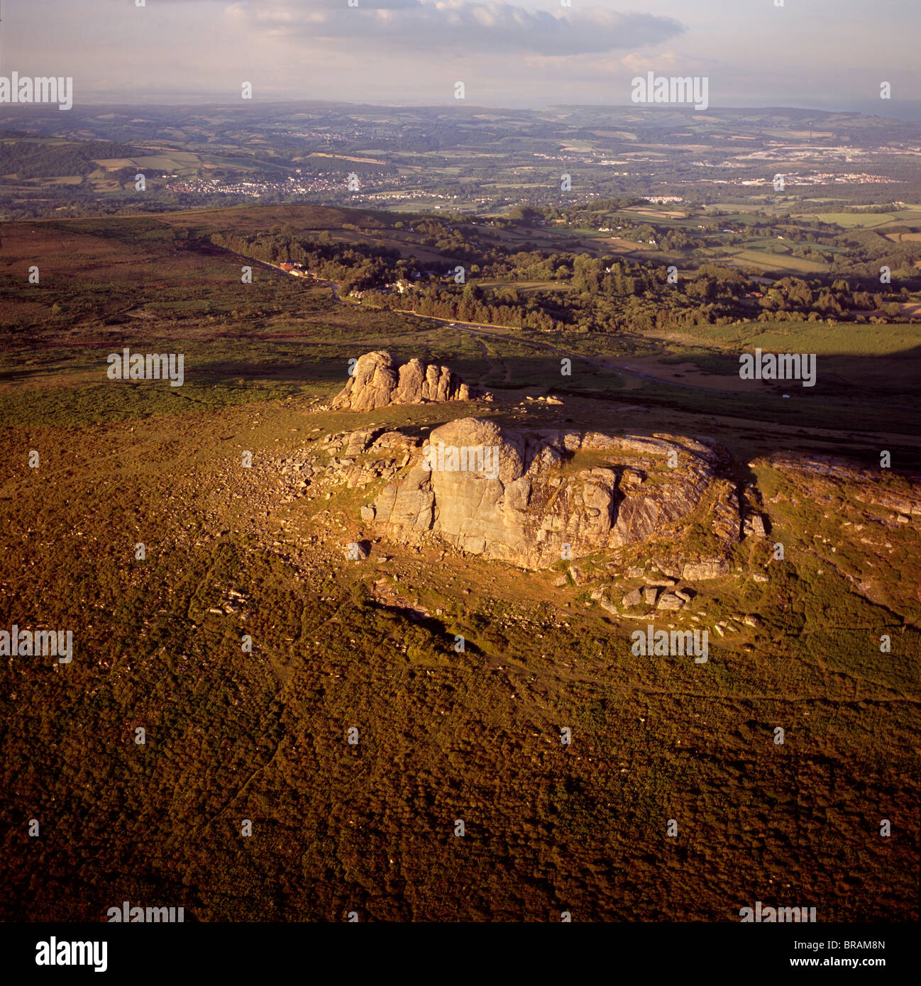 Aerial image of Haytor (Hay Tor) and Haytor Rocks, granite rock outcrop ...