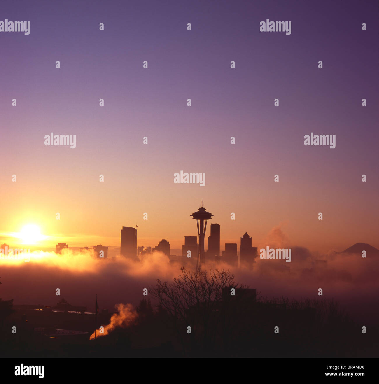 Sunrise over silhouette of Seattle skyline and Mt. Rainier, Seattle ...