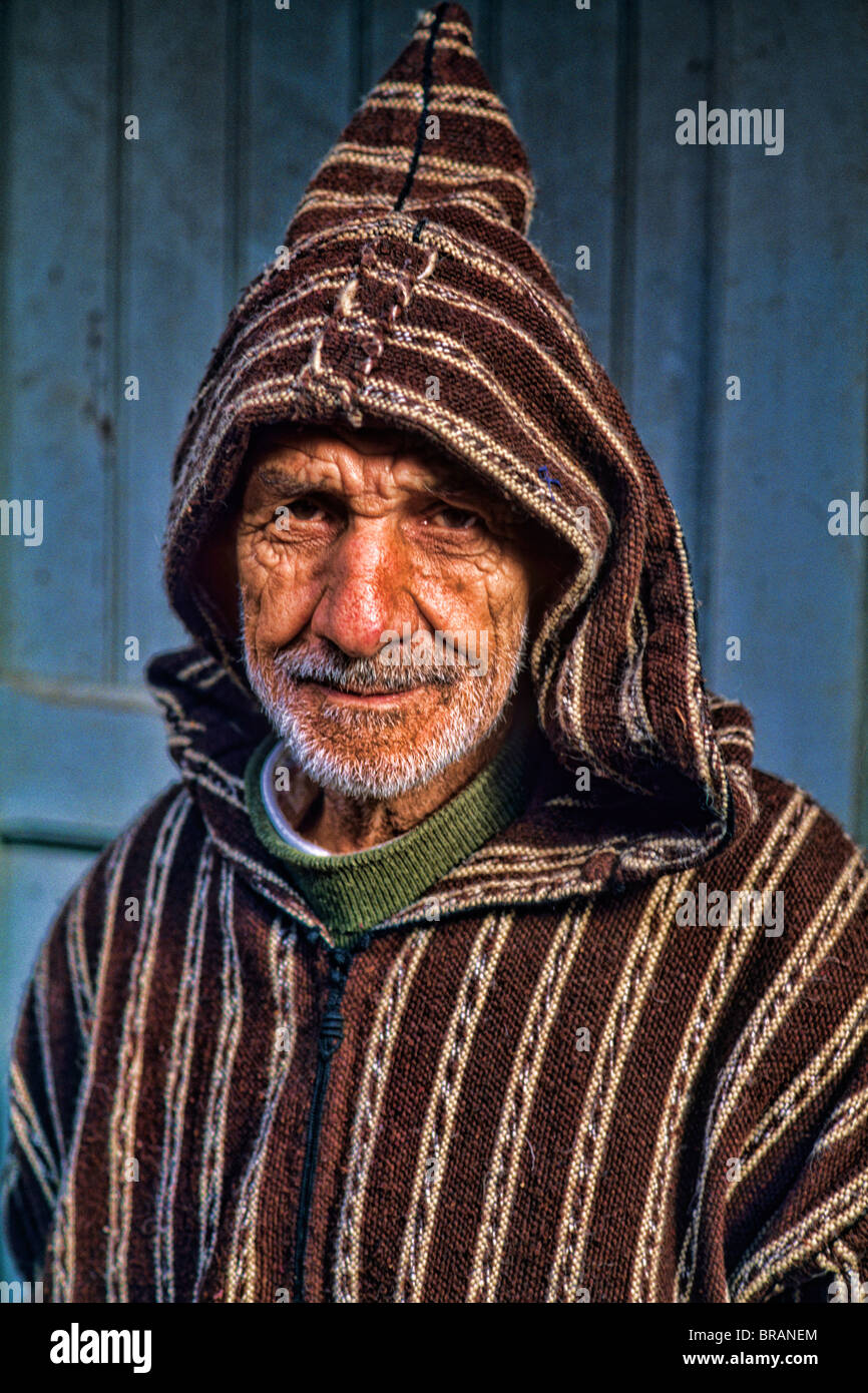 Old Muslim Man with hood and smiling in Tangier Morocco Africa Portrait ...