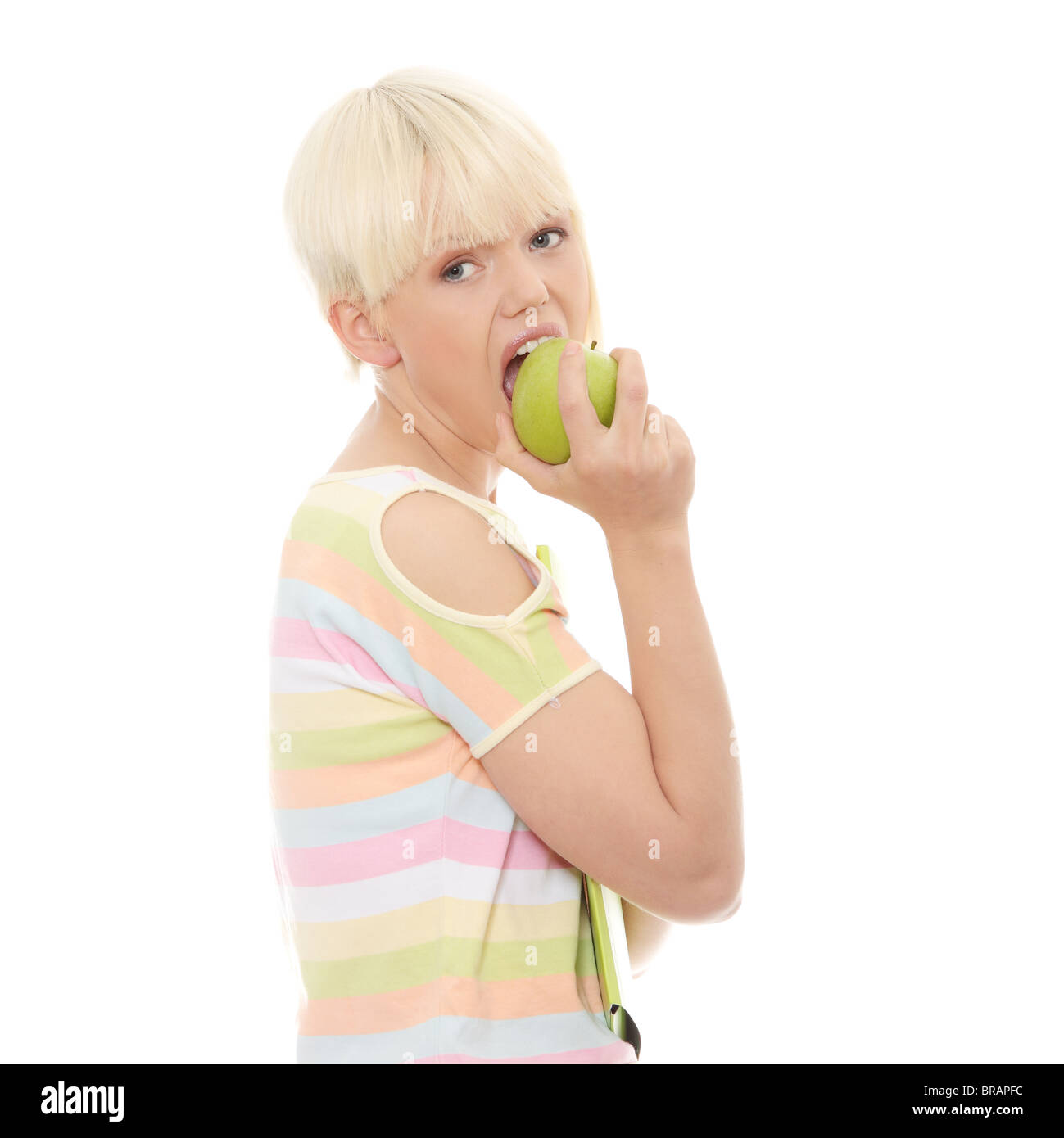 Beautiful young woman eating apple. Isolated on white Stock Photo - Alamy