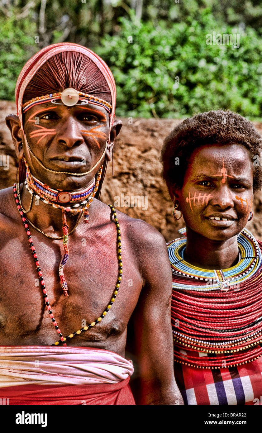 Maasai tribe people couple in costume traditional dress in jungles near ...