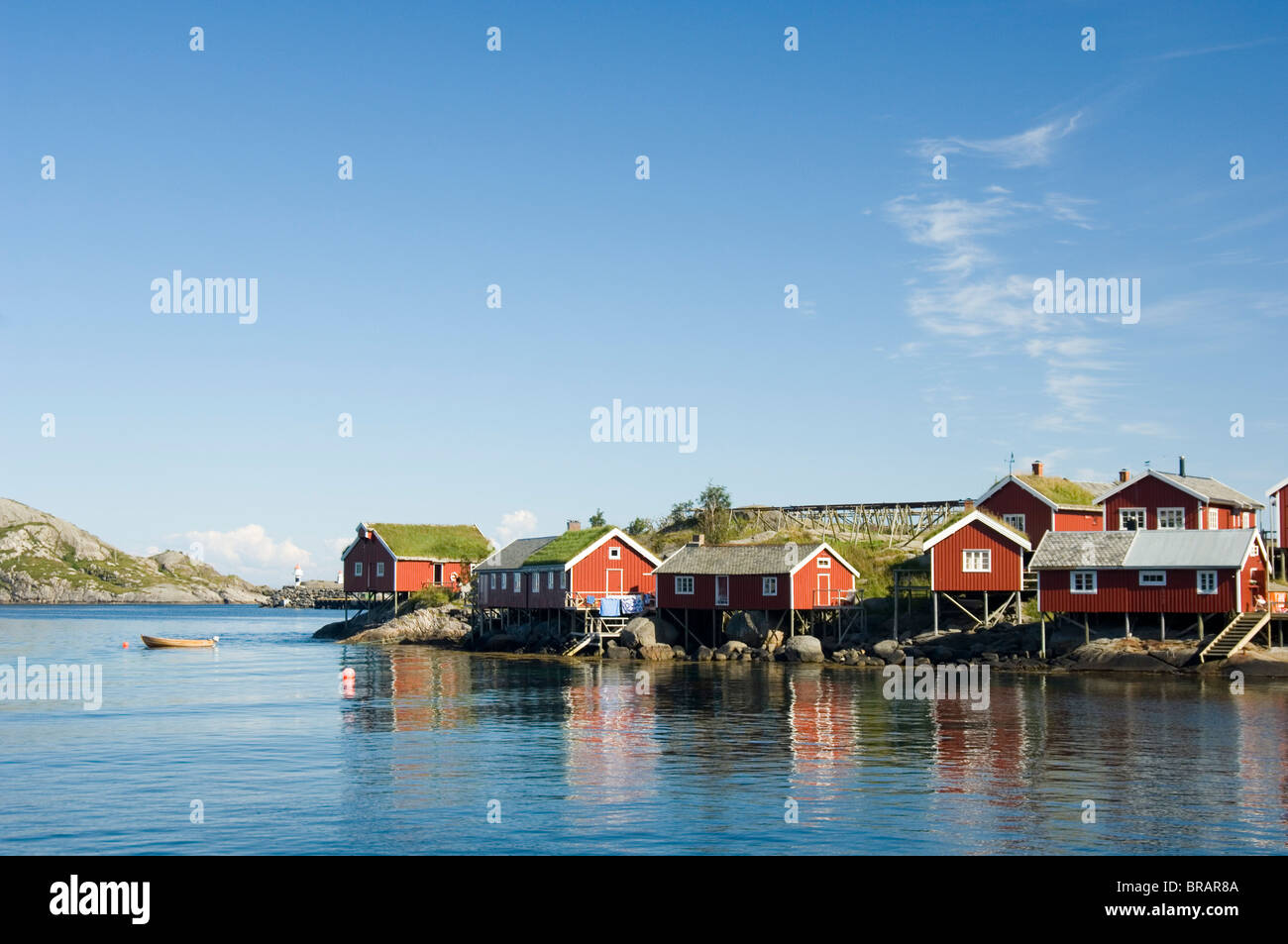 Europe, Norway, Lofoten. Rorbus (traditional fishermans huts) in Reine ...