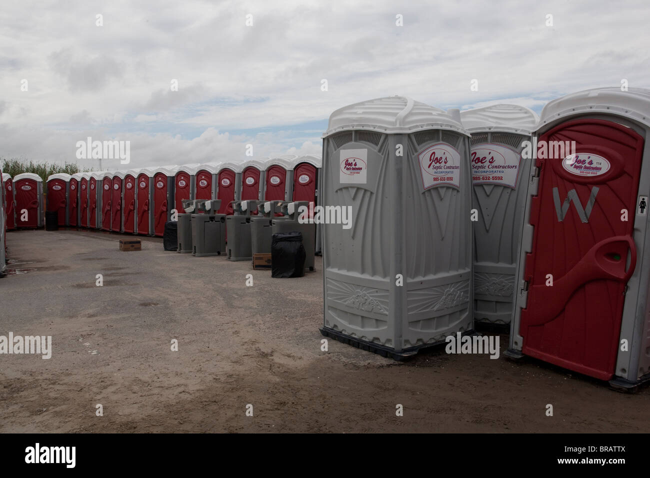 Portable toilets at a staging area for BP oil spill cleanup workers in ...