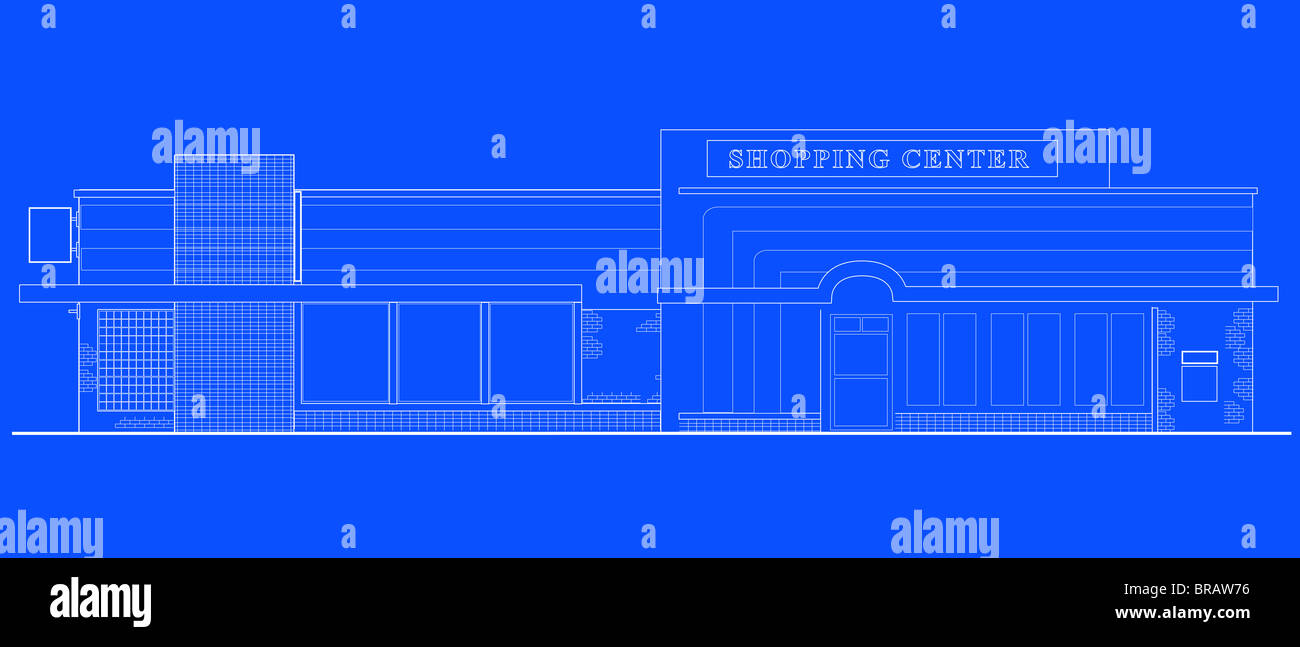 line drawing illustration of a strip mall or shopping center building ...