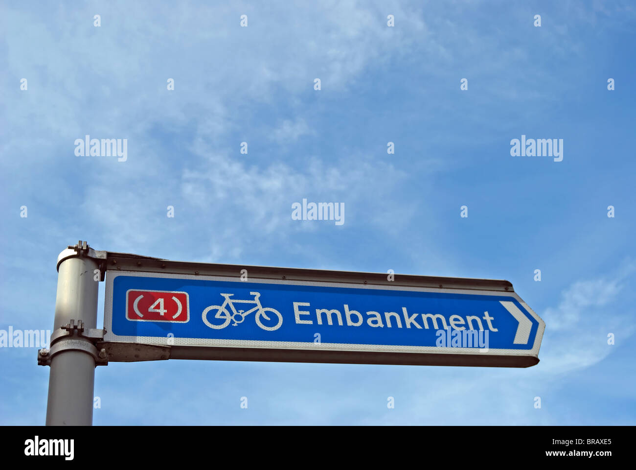 cycle route sign giving directions to the embankment of the river ...