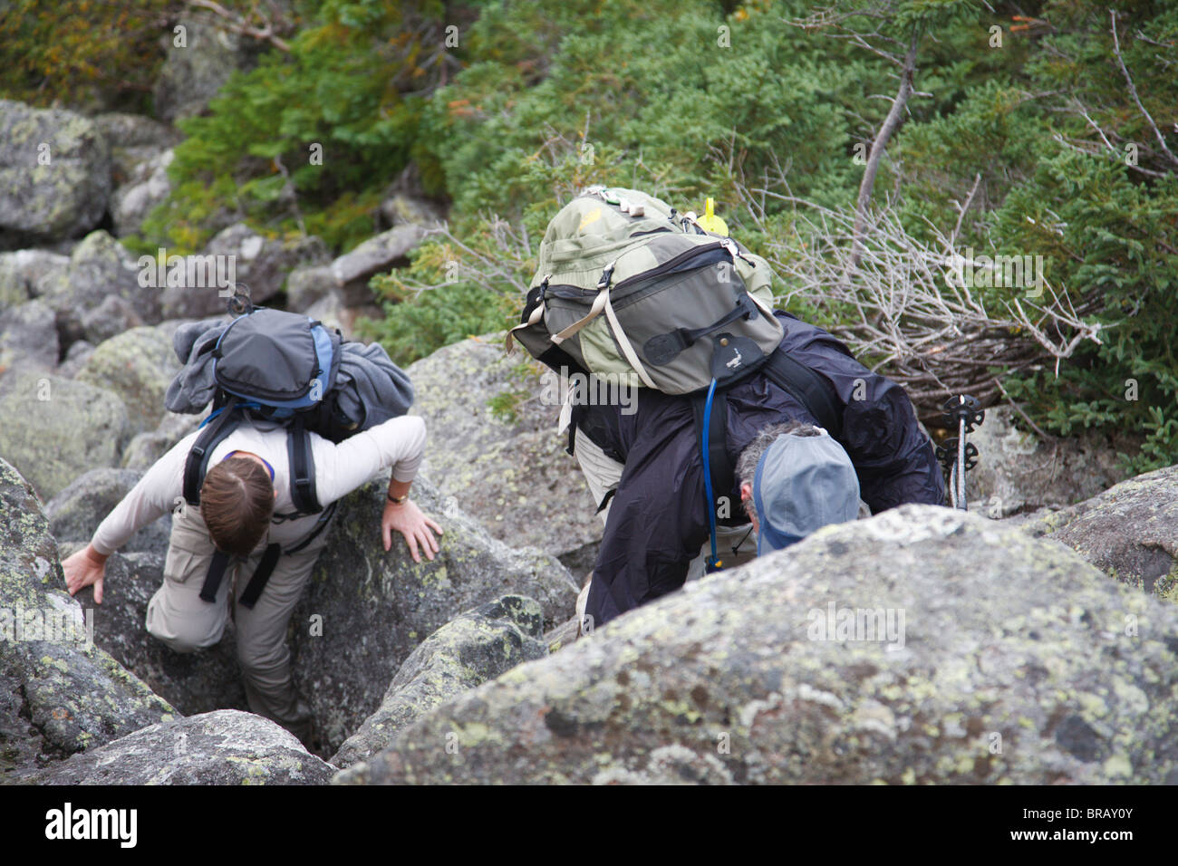 Hikers ascending King Ravine Trail. Located in King Ravine in the White ...