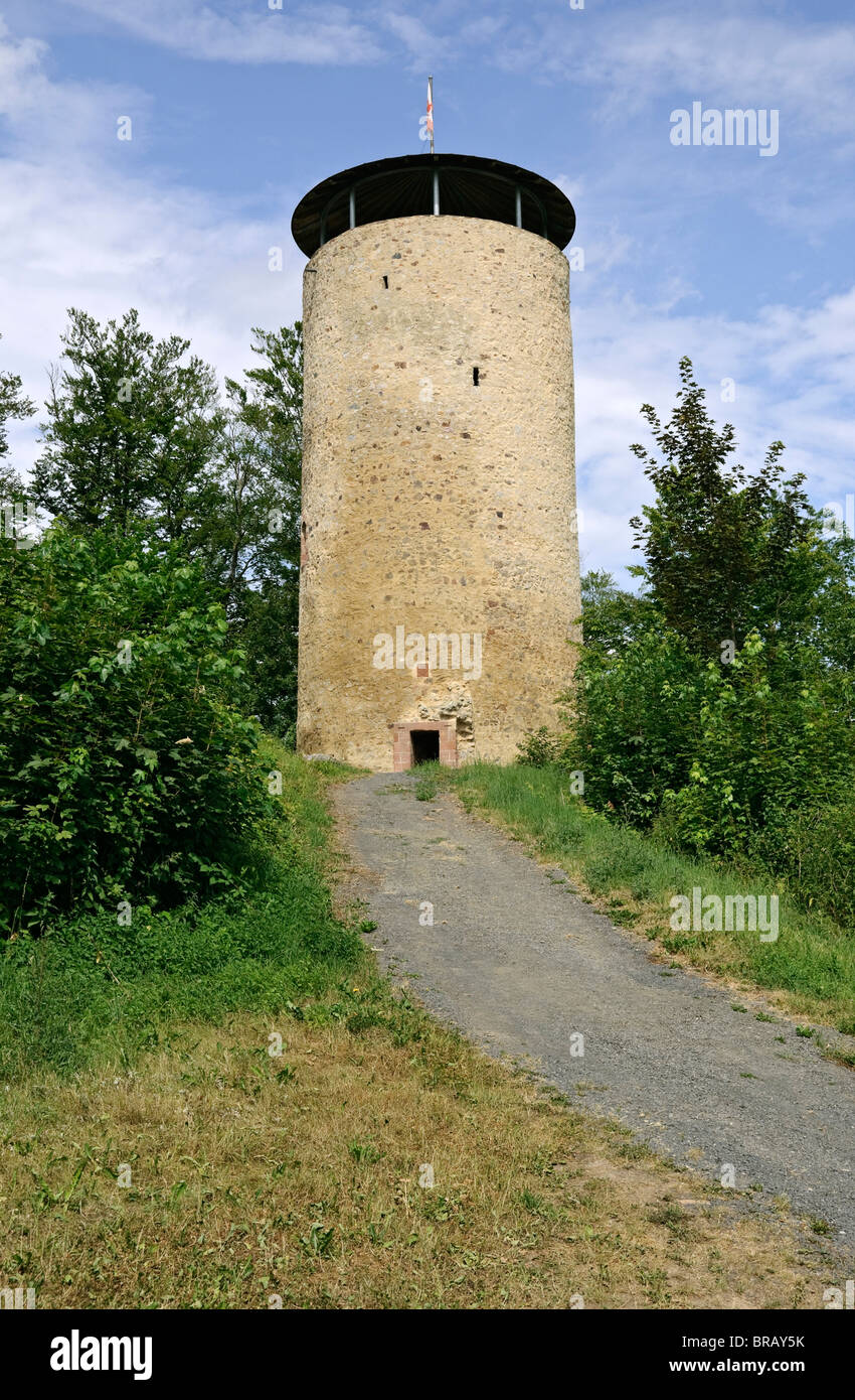 The restored watch tower from Löwenstein Castle, Bad Zwestern, Hesse ...