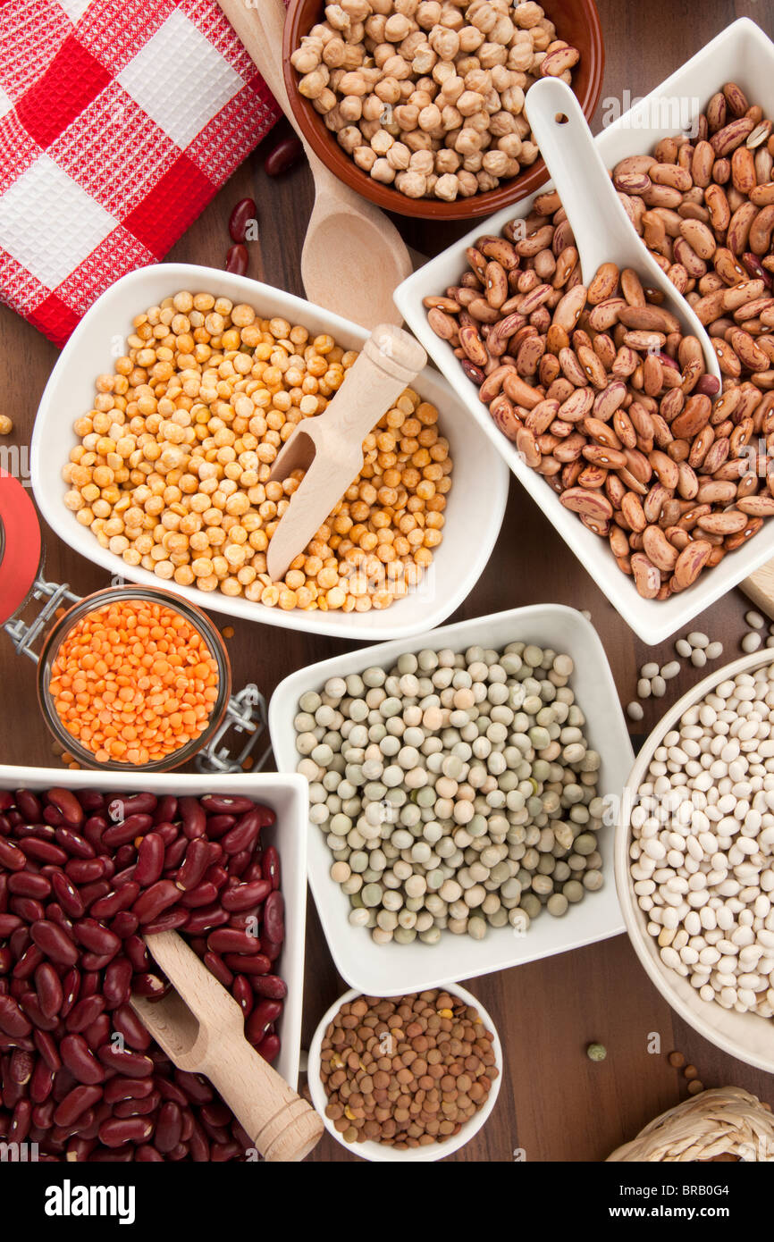 variety of legumes in bowls and glasses, birds view Stock Photo - Alamy