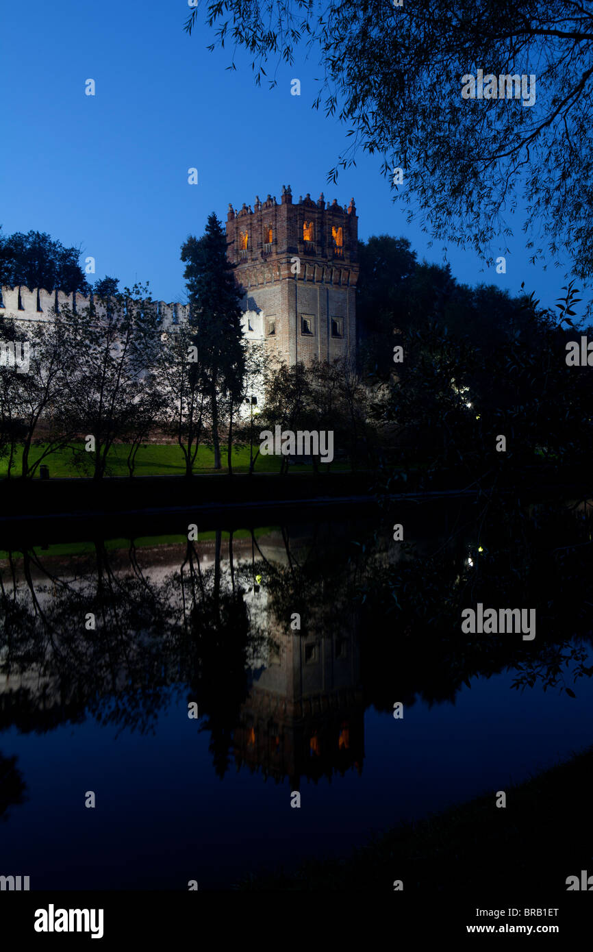 A medieval square tower of the Novodevichy Monastery at dawn in Moscow ...
