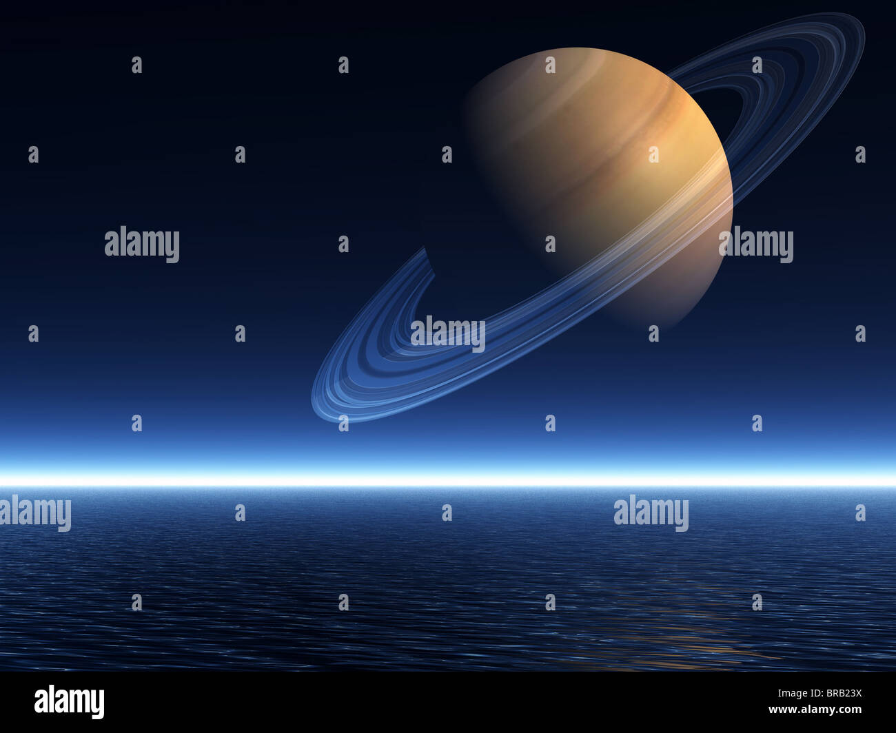 The planet Saturn rising over a night-time sea - a 3D rendered scene ...
