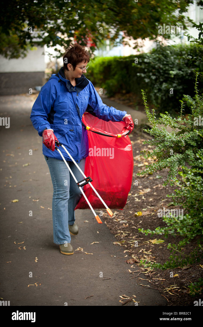 Adult woman volunteer collecting litter in a park, Aberystwyth Wales UK ...