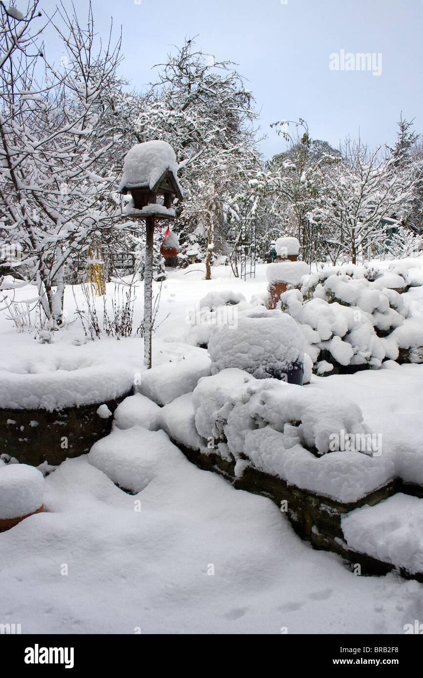 Garden snow scene in the morning after a heavy snow fall Stock Photo ...