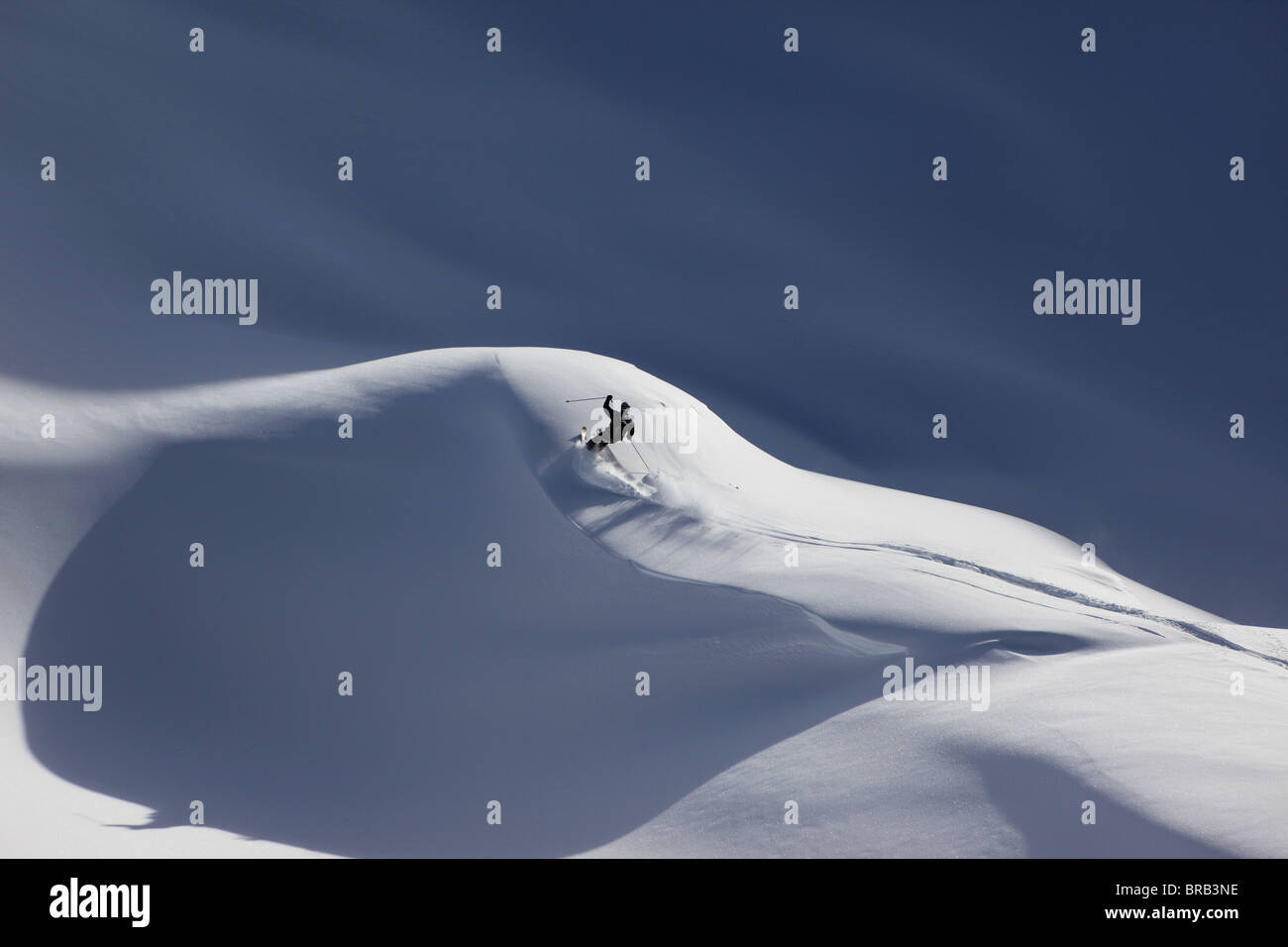 A skier turns his skis through powder on a Val Gardena off piste slope ...