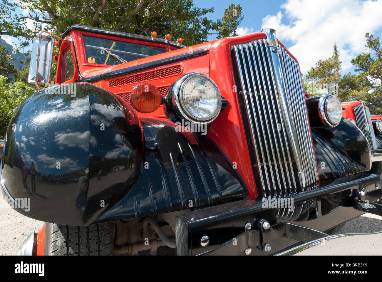 Red bus, Glacier National Park, Montana Stock Photo - Alamy