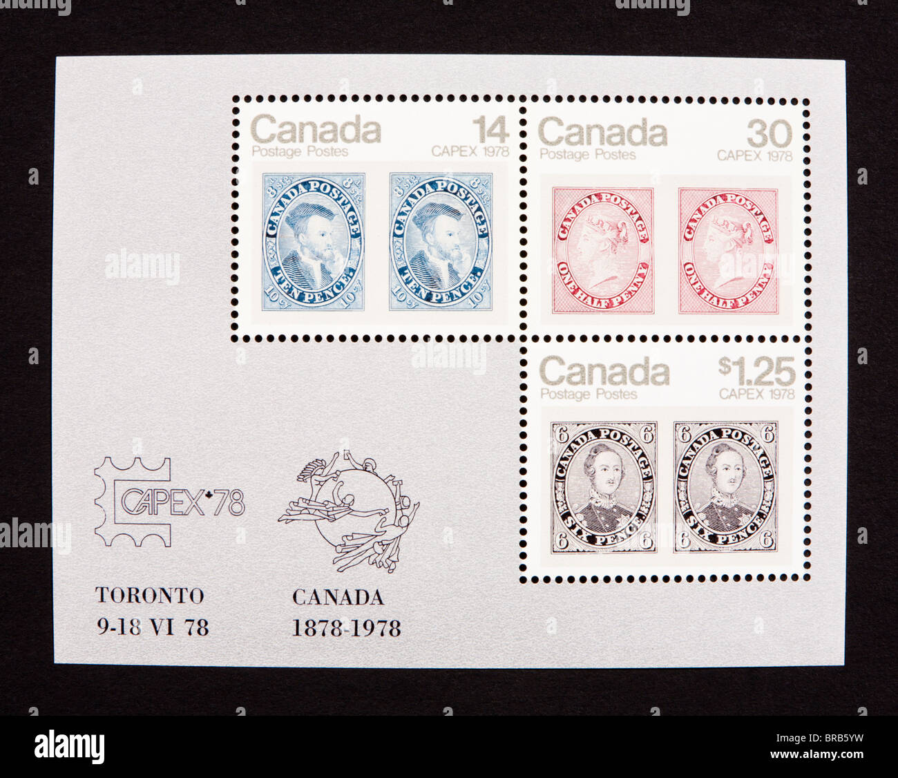 Souvenir sheet from Canada depicting historical Canadian postage stamps ...
