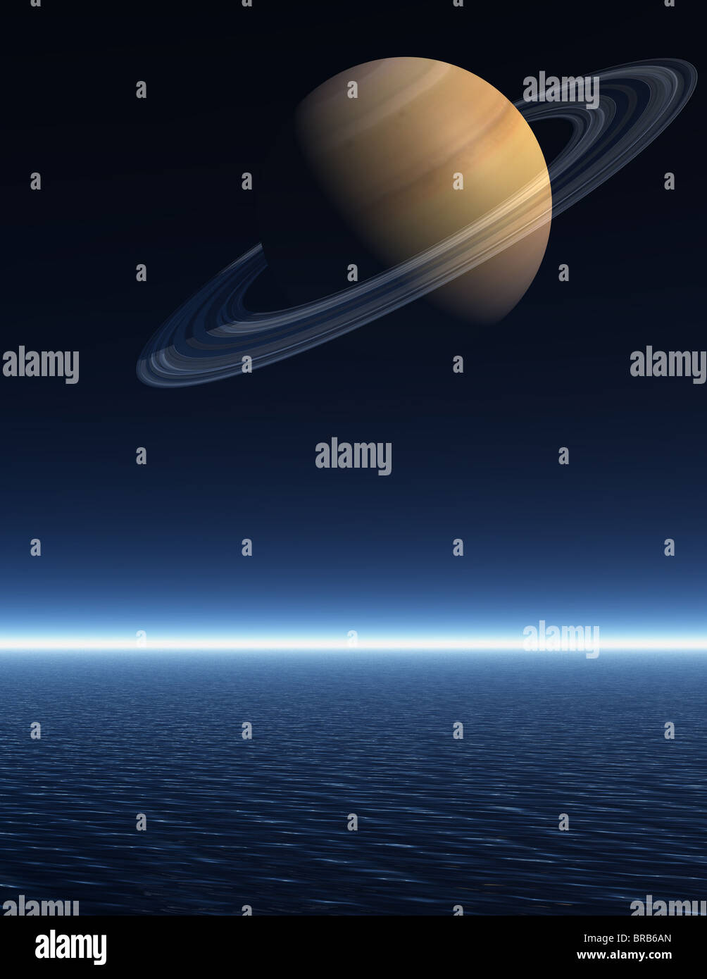 The planet Saturn rising over a night time sea - a 3D rendered scene ...