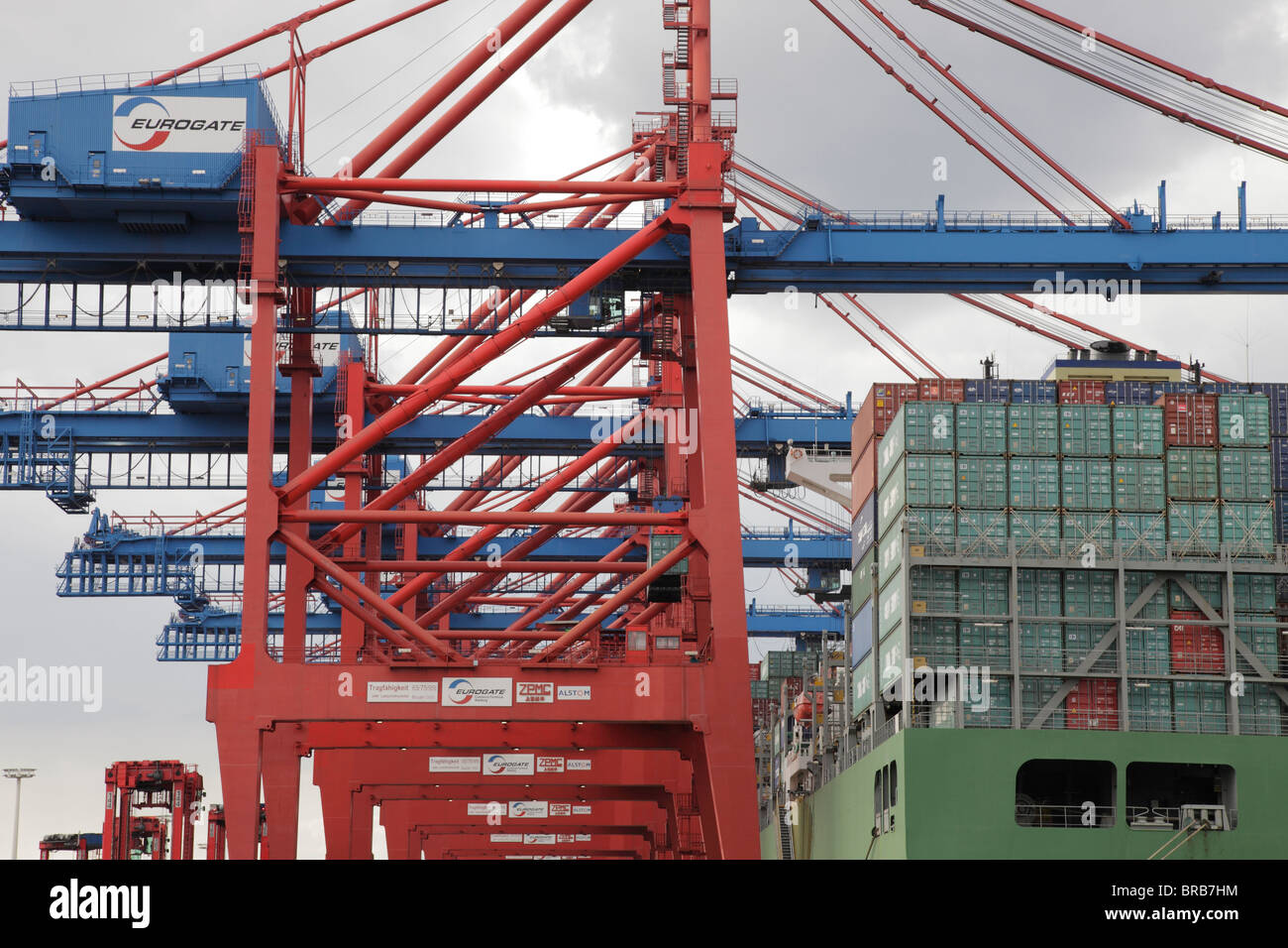 Container ship being loaded at the Eurogate Burchardkai in Hamburg ...