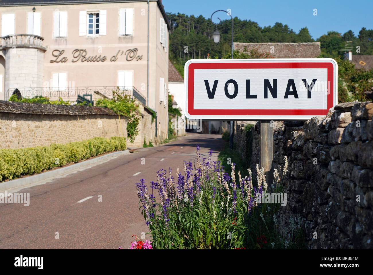 Road sign outside the village of Volnay, Burgundy, France Stock Photo ...