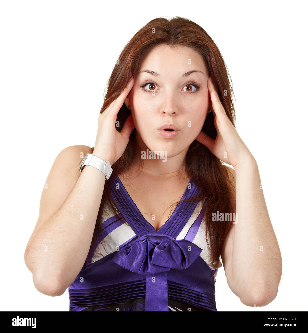 young woman pointing her arms to the head Stock Photo - Alamy