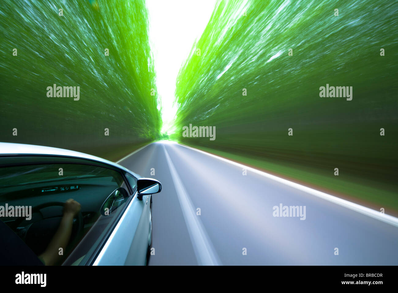 car driving fast into forest Stock Photo - Alamy