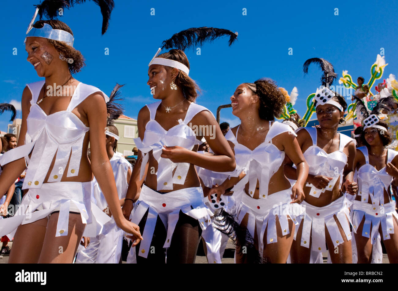 Costumed women dancing, Carnival, Mindelo, Sao Vicente, Cape Verde ...